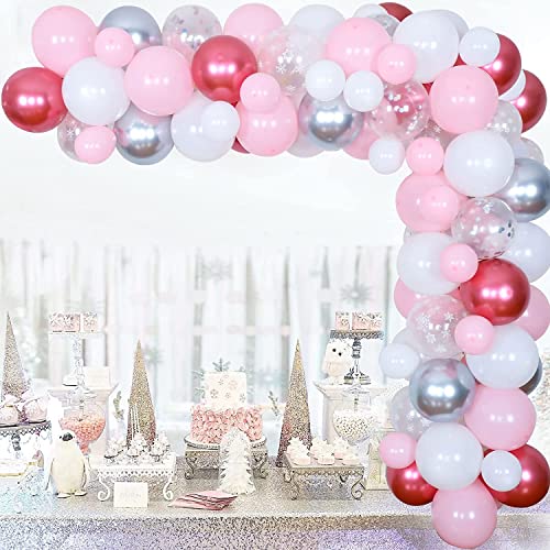 106 Pack Winter Snowflake Balloon Garland Winter Wonderland Party Decoration Balloon Pink and Silver for Baby Shower Winter Onederland Winter 1st Birthday or Baby Its Cold Outside Decorations