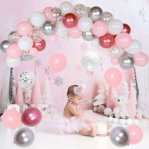 106 Pack Winter Snowflake Balloon Garland Winter Wonderland Party Decoration Balloon Pink and Silver for Baby Shower Winter Onederland Winter 1st Birthday or Baby Its Cold Outside Decorations