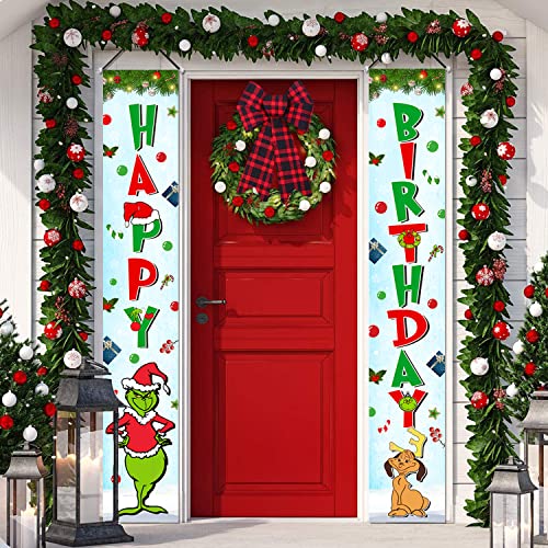 Christmas Happy Birthday Porch Sign Banner, Christmas Decorations Green Monster Door Banner Welcome Porch Sign for Front Door Outside Yard Christmas New Year Birthday Party Supplies