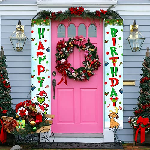 Christmas Happy Birthday Porch Sign Banner, Christmas Decorations Green Monster Door Banner Welcome Porch Sign for Front Door Outside Yard Christmas New Year Birthday Party Supplies