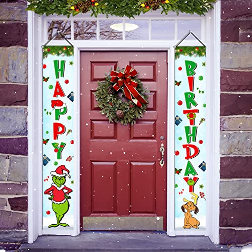 Christmas Happy Birthday Porch Sign Banner, Christmas Decorations Green Monster Door Banner Welcome Porch Sign for Front Door Outside Yard Christmas New Year Birthday Party Supplies