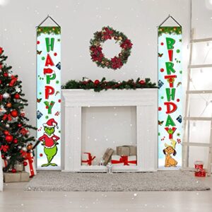 Christmas Happy Birthday Porch Sign Banner, Christmas Decorations Green Monster Door Banner Welcome Porch Sign for Front Door Outside Yard Christmas New Year Birthday Party Supplies