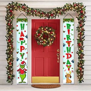 Christmas Happy Birthday Porch Sign Banner, Christmas Decorations Green Monster Door Banner Welcome Porch Sign for Front Door Outside Yard Christmas New Year Birthday Party Supplies