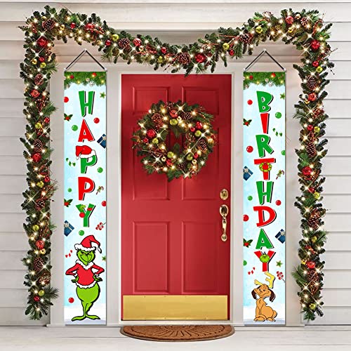 Christmas Happy Birthday Porch Sign Banner, Christmas Decorations Green Monster Door Banner Welcome Porch Sign for Front Door Outside Yard Christmas New Year Birthday Party Supplies