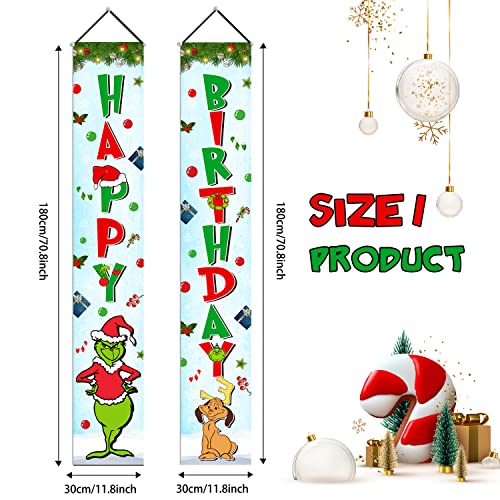 Christmas Happy Birthday Porch Sign Banner, Christmas Decorations Green Monster Door Banner Welcome Porch Sign for Front Door Outside Yard Christmas New Year Birthday Party Supplies