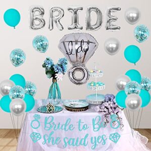 Teal Bachelorette Party Decorations Kit, Bridal Shower Decorations Teal for Girls with Bride Letter Balloons, She Said Yes Glitter Banner, The Bride Sash and Silver Diamond Ring Foil Balloon