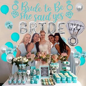 Teal Bachelorette Party Decorations Kit, Bridal Shower Decorations Teal for Girls with Bride Letter Balloons, She Said Yes Glitter Banner, The Bride Sash and Silver Diamond Ring Foil Balloon