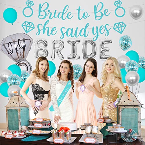 Teal Bachelorette Party Decorations Kit, Bridal Shower Decorations Teal for Girls with Bride Letter Balloons, She Said Yes Glitter Banner, The Bride Sash and Silver Diamond Ring Foil Balloon