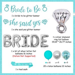 Teal Bachelorette Party Decorations Kit, Bridal Shower Decorations Teal for Girls with Bride Letter Balloons, She Said Yes Glitter Banner, The Bride Sash and Silver Diamond Ring Foil Balloon