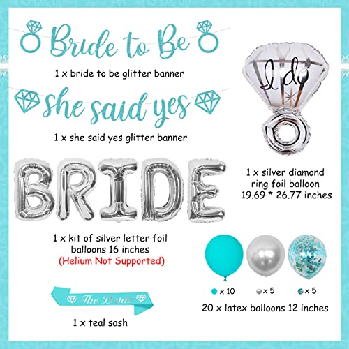 Teal Bachelorette Party Decorations Kit, Bridal Shower Decorations Teal for Girls with Bride Letter Balloons, She Said Yes Glitter Banner, The Bride Sash and Silver Diamond Ring Foil Balloon