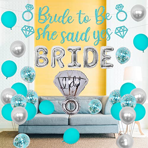 Teal Bachelorette Party Decorations Kit, Bridal Shower Decorations Teal for Girls with Bride Letter Balloons, She Said Yes Glitter Banner, The Bride Sash and Silver Diamond Ring Foil Balloon