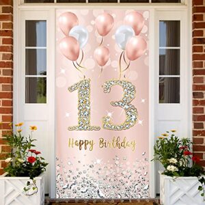 13th birthday door banner backdrop decorations for girls, pink rose gold happy 13th birthday door cover party supplies, 13 year old birthday door sign decor for outdoor indoor