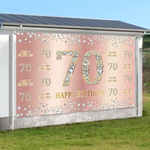 Happy 70th Birthday Banner Decorations for Women, Pink Rose Gold 70 Birthday Backdrop Sign Party Supplies, Large 70 Year Old Birthday Photo Booth Props Background for Outdoor Indoor