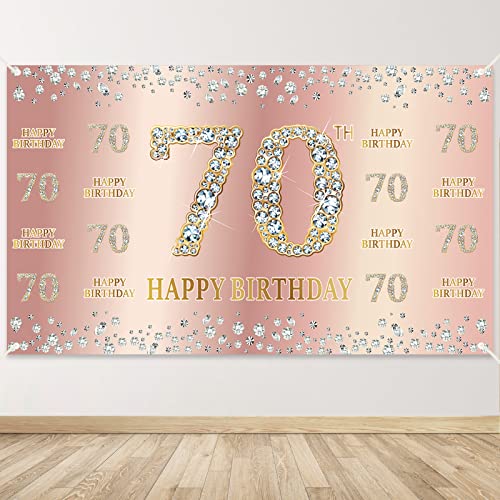 Happy 70th Birthday Banner Decorations for Women, Pink Rose Gold 70 Birthday Backdrop Sign Party Supplies, Large 70 Year Old Birthday Photo Booth Props Background for Outdoor Indoor