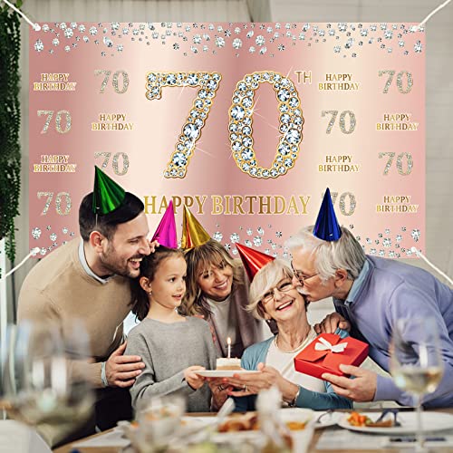 Happy 70th Birthday Banner Decorations for Women, Pink Rose Gold 70 Birthday Backdrop Sign Party Supplies, Large 70 Year Old Birthday Photo Booth Props Background for Outdoor Indoor