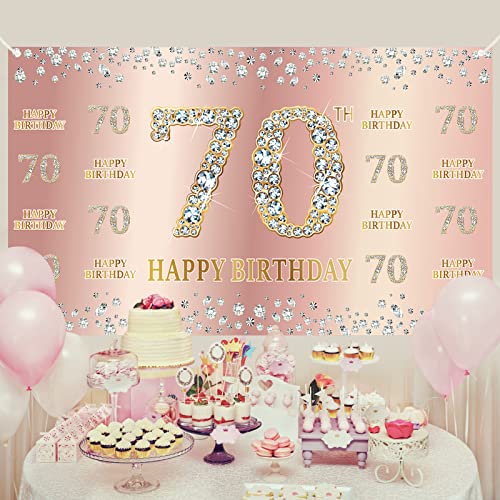 Happy 70th Birthday Banner Decorations for Women, Pink Rose Gold 70 Birthday Backdrop Sign Party Supplies, Large 70 Year Old Birthday Photo Booth Props Background for Outdoor Indoor