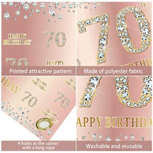 Happy 70th Birthday Banner Decorations for Women, Pink Rose Gold 70 Birthday Backdrop Sign Party Supplies, Large 70 Year Old Birthday Photo Booth Props Background for Outdoor Indoor