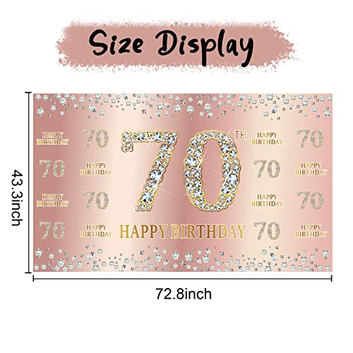 Happy 70th Birthday Banner Decorations for Women, Pink Rose Gold 70 Birthday Backdrop Sign Party Supplies, Large 70 Year Old Birthday Photo Booth Props Background for Outdoor Indoor