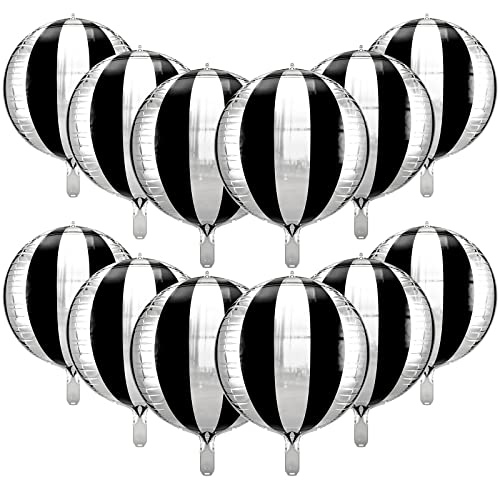 12 Pieces 22 Inch Black and Silver Balloons 4D Stripe Aluminum Foil Mylar Balloon Black and Silver Party Decorations Black and Silver Striped Balloons for Black and White Baby Shower Party Decorations