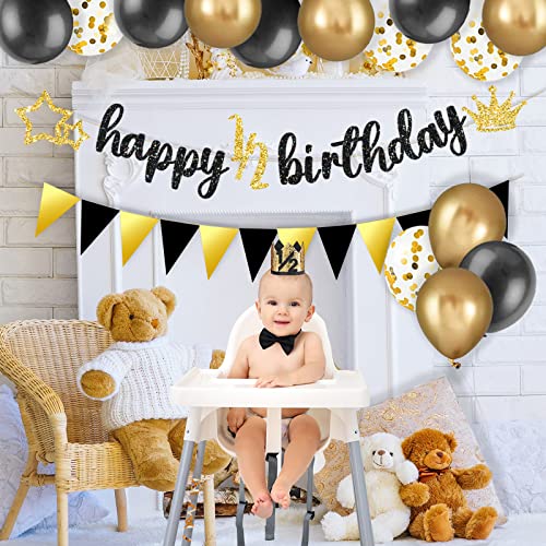 Half Birthday Decorations Baby Boy, Hombae 1/2 Birthday Boy Decorations Supplies, 6 Months Birthday Decorations Boy, Black Gold Glitter Half Birthday Banner with Triangle Flag Banner, 1/2 Birthday Hat Crown with Black Bow Tie, Halfway to One Cake Topper,