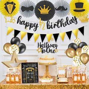 Half Birthday Decorations Baby Boy, Hombae 1/2 Birthday Boy Decorations Supplies, 6 Months Birthday Decorations Boy, Black Gold Glitter Half Birthday Banner with Triangle Flag Banner, 1/2 Birthday Hat Crown with Black Bow Tie, Halfway to One Cake Topper,