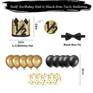 Half Birthday Decorations Baby Boy, Hombae 1/2 Birthday Boy Decorations Supplies, 6 Months Birthday Decorations Boy, Black Gold Glitter Half Birthday Banner with Triangle Flag Banner, 1/2 Birthday Hat Crown with Black Bow Tie, Halfway to One Cake Topper,