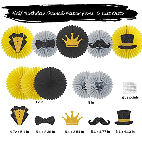 Half Birthday Decorations Baby Boy, Hombae 1/2 Birthday Boy Decorations Supplies, 6 Months Birthday Decorations Boy, Black Gold Glitter Half Birthday Banner with Triangle Flag Banner, 1/2 Birthday Hat Crown with Black Bow Tie, Halfway to One Cake Topper,