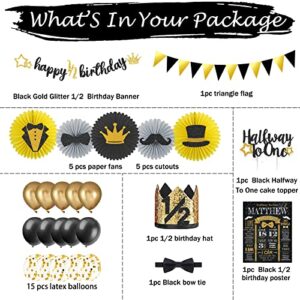 Half Birthday Decorations Baby Boy, Hombae 1/2 Birthday Boy Decorations Supplies, 6 Months Birthday Decorations Boy, Black Gold Glitter Half Birthday Banner with Triangle Flag Banner, 1/2 Birthday Hat Crown with Black Bow Tie, Halfway to One Cake Topper,