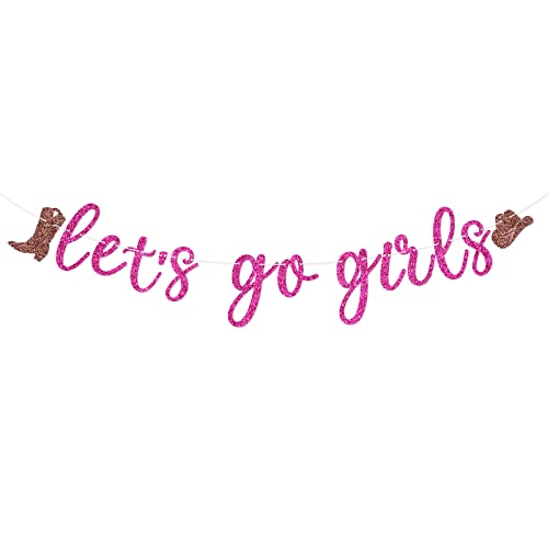 Let's Go Girls Banner, Nashville Bachelorette Party Decorations, Disco Cowgirl Birthday Party Supplies, Western Rodeo Garland Sign, Pre-strung, Pink Glitter