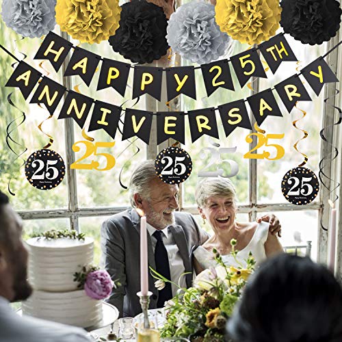 25th Anniversary Party Decorations Kit - Gold Glitter Happy 25th Anniversary Banner, 9Pcs Sparkling 25 Hanging Swirl, 6Pcs Poms - for 25th Wedding Anniversary Party Decorations