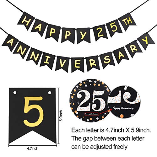 25th Anniversary Party Decorations Kit - Gold Glitter Happy 25th Anniversary Banner, 9Pcs Sparkling 25 Hanging Swirl, 6Pcs Poms - for 25th Wedding Anniversary Party Decorations