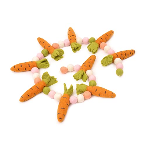 Glaciart One Felt Ball & Carrot Garland - Fun Party Decorations for Easter, Spring & Birthdays - Home Decor for Living Room, Bedroom, Baby Room - 100% Natural Wool Pom Poms with Cotton String - 9 Ft.