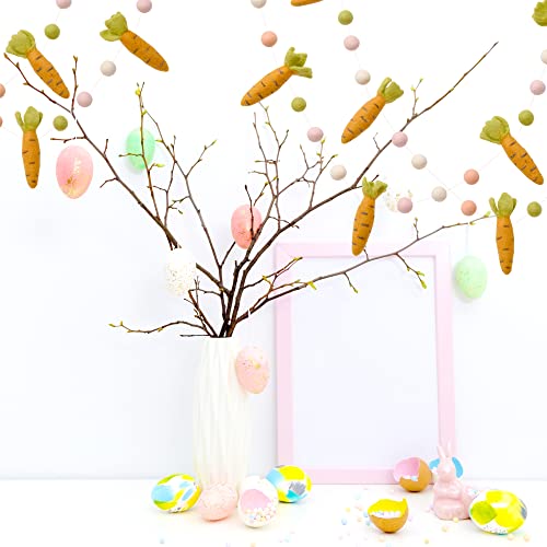 Glaciart One Felt Ball & Carrot Garland - Fun Party Decorations for Easter, Spring & Birthdays - Home Decor for Living Room, Bedroom, Baby Room - 100% Natural Wool Pom Poms with Cotton String - 9 Ft.