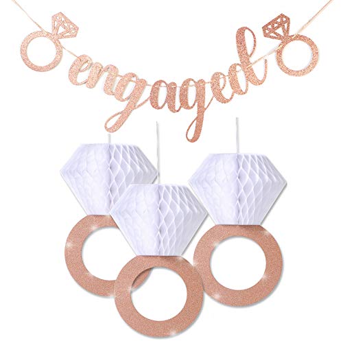 C L cooper life Engagement Party Decorations, Bridal Shower Supplies, Honeycomb Ring Hanging Decorations, Rose Gold Glitter Diamond Rings (3pcs), Engaged Banner Glittery Letters for Engagement