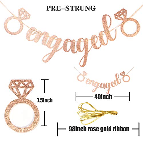 C L cooper life Engagement Party Decorations, Bridal Shower Supplies, Honeycomb Ring Hanging Decorations, Rose Gold Glitter Diamond Rings (3pcs), Engaged Banner Glittery Letters for Engagement