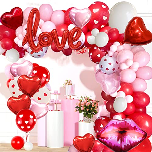 116pcs Valentine's Day Balloons Garland Arch Kit Include Red Pink White Balloons,Heart Printed Balloons , Foil Mylar Heart Balloons, Valentines Wedding Party Decoration Supplies