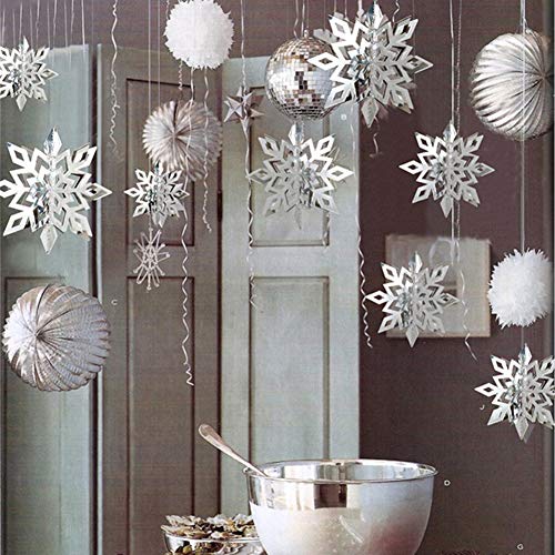 24Pcs Snowflake Christmas Hanging Party Decor Supplies,12 PCS 3D Silver Snowflakes & 12PCS 3D White Paper Snowflakes Hanging Garland for Christmas Winter Holiday New Year Wonderland Party Decoration