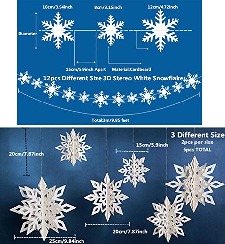 24Pcs Snowflake Christmas Hanging Party Decor Supplies,12 PCS 3D Silver Snowflakes & 12PCS 3D White Paper Snowflakes Hanging Garland for Christmas Winter Holiday New Year Wonderland Party Decoration