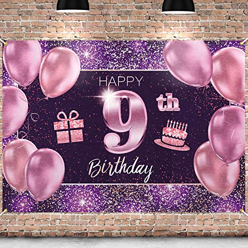 PAKBOOM Happy 9th Birthday Banner Backdrop - 9 Birthday Party Decorations Supplies for Girl - Pink Purple Gold 4 x 6ft