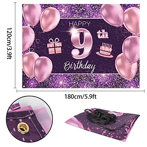 PAKBOOM Happy 9th Birthday Banner Backdrop - 9 Birthday Party Decorations Supplies for Girl - Pink Purple Gold 4 x 6ft