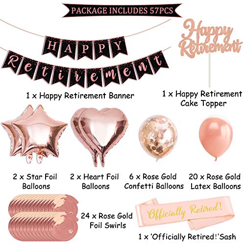 Retirement Party Decorations for Women Rose Gold Happy Retirement Banner Cake Topper Officially Retired Sash Rose Gold Confetti Balloons Foil Swirls Decorations Ideal for Women Retirement Party Supplies