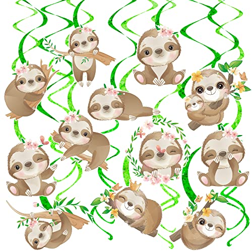 15Pcs Sloth Party Hanging Swirls Sloth Theme Foil Ceiling Streamers Sloth Party Decoration for Jungle Party Kids Birthday Party Baby Shower Supplies