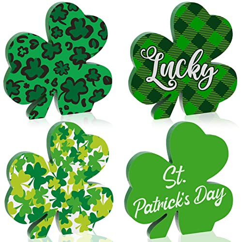 4-Piece St. patrick's Day Wooden Signs, Green Shamrock Clover Self-standing Blocks Table Centerpiece Sign Irish Lucky Holiday Display Tabletop Wood for Fireplace Tiered Tray Party Supplies Decoration