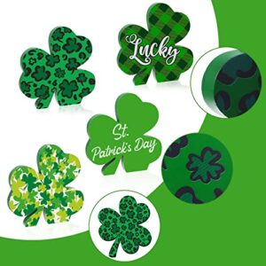 4-Piece St. patrick's Day Wooden Signs, Green Shamrock Clover Self-standing Blocks Table Centerpiece Sign Irish Lucky Holiday Display Tabletop Wood for Fireplace Tiered Tray Party Supplies Decoration