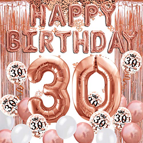 MOVINPE 30th Rose Gold Birthday Party Decoration, Happy Birthday Banner, Jumbo Number 30 Foil Balloon, 2 Rose Gold Fringe Curtain, Latex Confetti Balloon, Table Confetti for Girl Women Anniversary