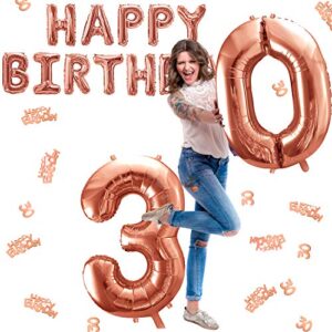 MOVINPE 30th Rose Gold Birthday Party Decoration, Happy Birthday Banner, Jumbo Number 30 Foil Balloon, 2 Rose Gold Fringe Curtain, Latex Confetti Balloon, Table Confetti for Girl Women Anniversary