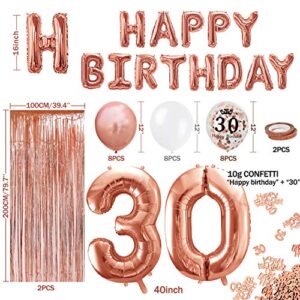 MOVINPE 30th Rose Gold Birthday Party Decoration, Happy Birthday Banner, Jumbo Number 30 Foil Balloon, 2 Rose Gold Fringe Curtain, Latex Confetti Balloon, Table Confetti for Girl Women Anniversary