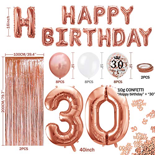 MOVINPE 30th Rose Gold Birthday Party Decoration, Happy Birthday Banner, Jumbo Number 30 Foil Balloon, 2 Rose Gold Fringe Curtain, Latex Confetti Balloon, Table Confetti for Girl Women Anniversary