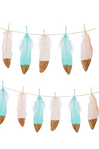 Hapy Shop Feather Garland Pale Pink and Blue Feather Banner,Gold Glitter for Party Decorations,Wedding,Boho Chic,10 feet