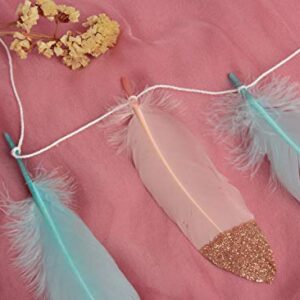 Hapy Shop Feather Garland Pale Pink and Blue Feather Banner,Gold Glitter for Party Decorations,Wedding,Boho Chic,10 feet